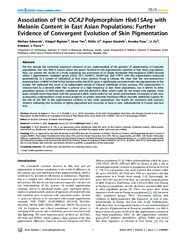 (PDF) Association of the OCA2 Polymorphism His615Arg with Melanin ...