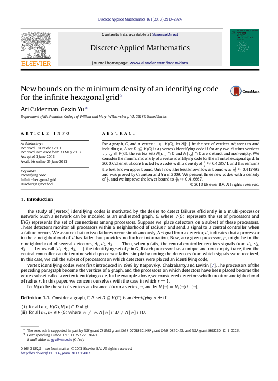 (PDF) New bounds on the minimum density of an identifying code for the infinite hexagonal grid