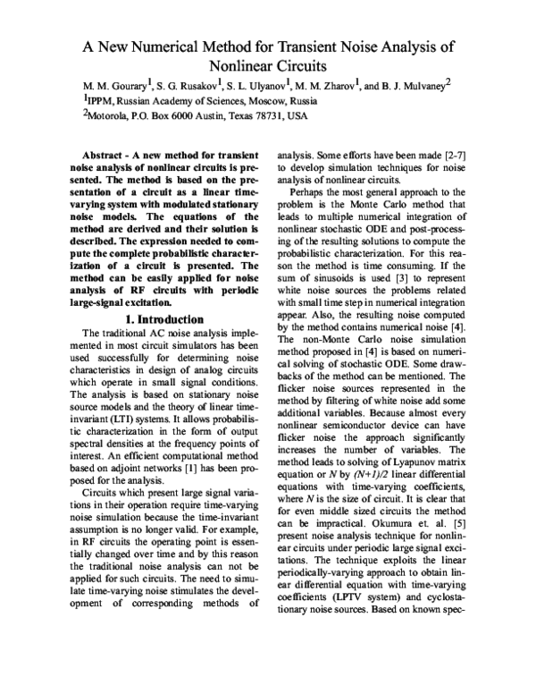 Pdf A New Numerical Method For Transient Noise Analysis Of Nonlinear Circuits