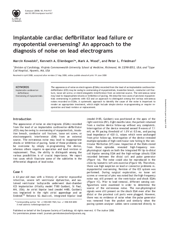 (PDF) Implantable cardiac defibrillator lead failure or myopotential ...