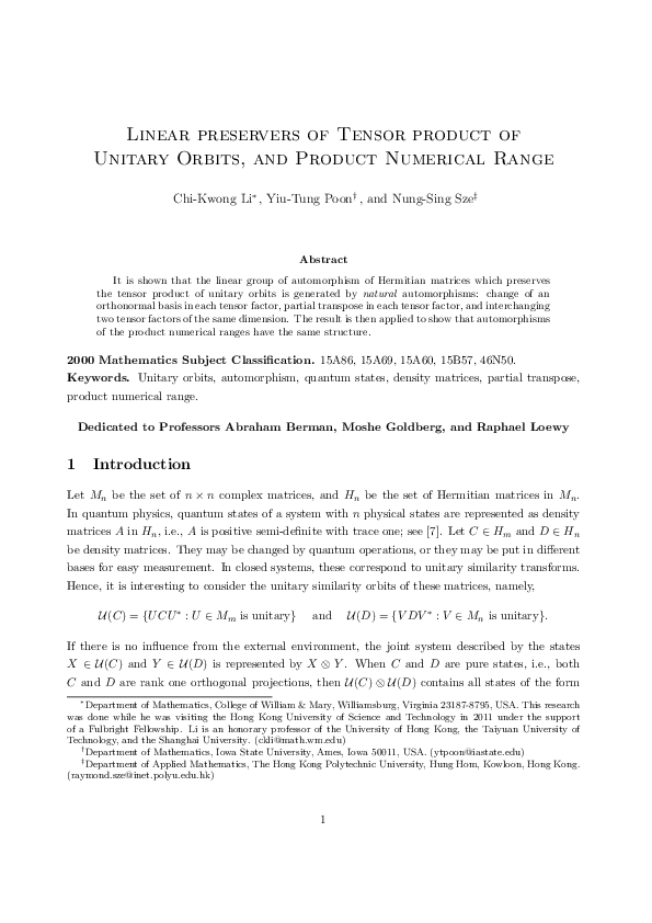(PDF) Linear preservers of tensor product of unitary orbits, and product numerical range