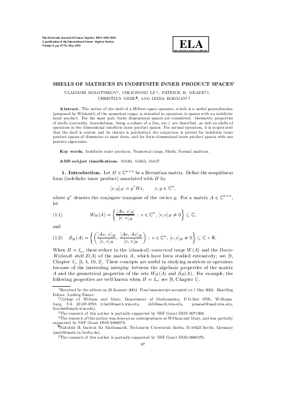 Pdf Shells Of Matrices In Indefinite Inner Product Spaces