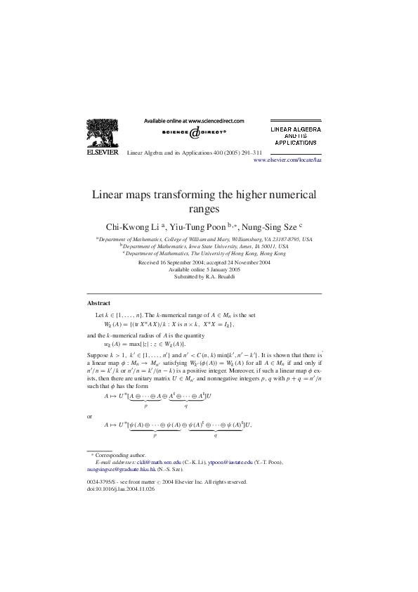 (PDF) Linear maps transforming the higher numerical ranges