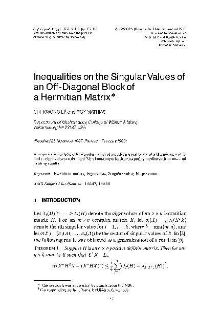 Pdf Inequalities On The Singular Values Of An Off Diagonal Block Of A Hermitian Matrix