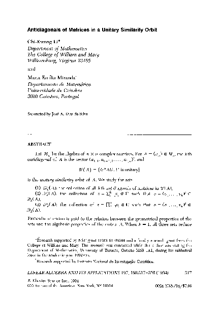(PDF) Antidiagonals of matrices in a unitary similarity orbit
