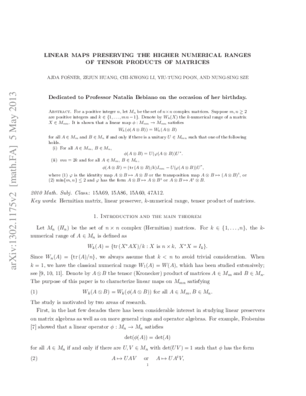 Pdf Linear Maps Preserving The Higher Numerical Ranges Of Tensor Product Of Matrices