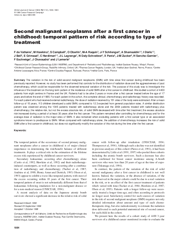 (PDF) Second malignant neoplasms after a first cancer in childhood ...
