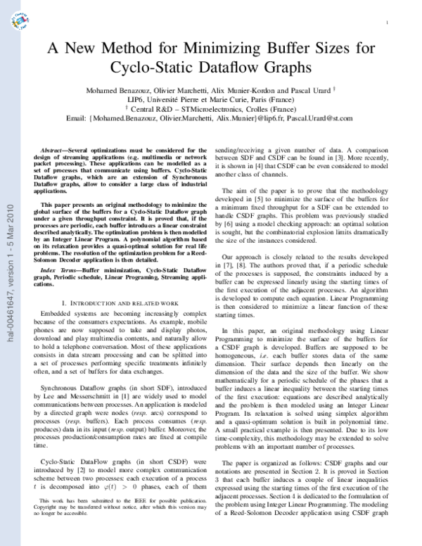 Pdf A New Method For Minimizing Buffer Sizes For Cyclo Static Dataflow Graphs