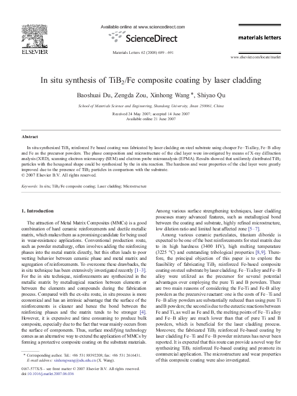 Pdf In Situ Synthesis Of Tib 2fe Composite Coating By Laser Cladding