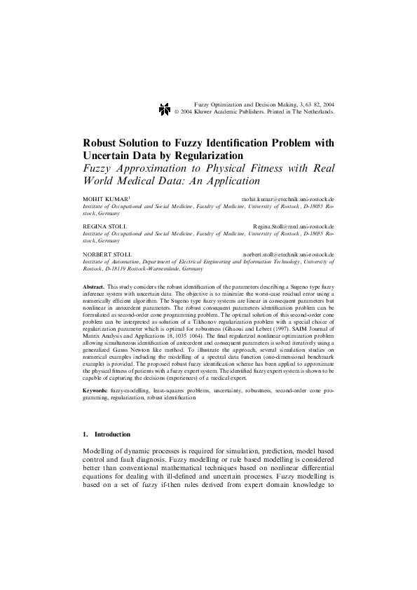Pdf Robust Solution To Fuzzy Identification Problem With Uncertain Data By Regularization