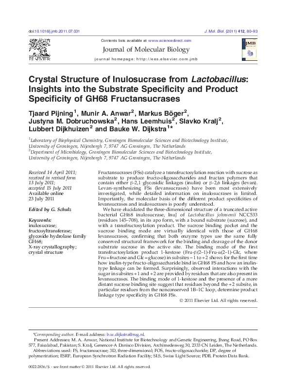 (PDF) Crystal Structure of Inulosucrase from Lactobacillus: Insights into the Substrate ...