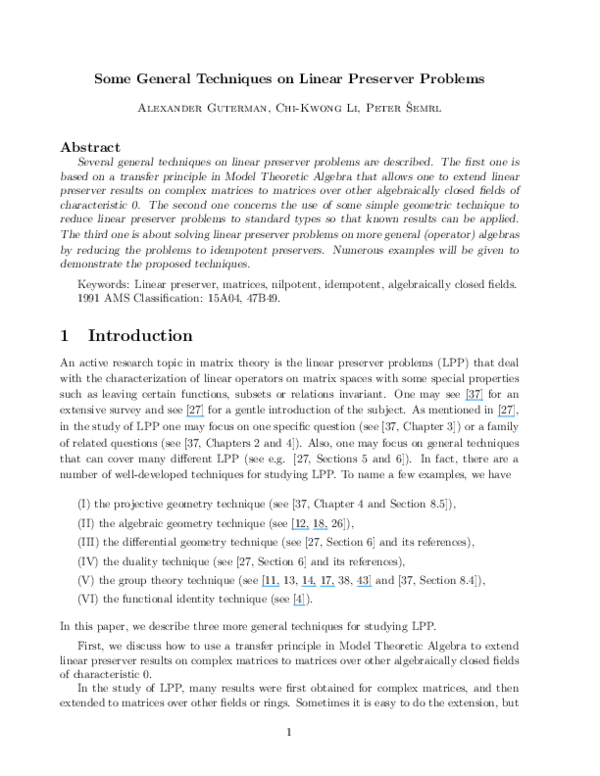 (PDF) Some general techniques on linear preserver problems