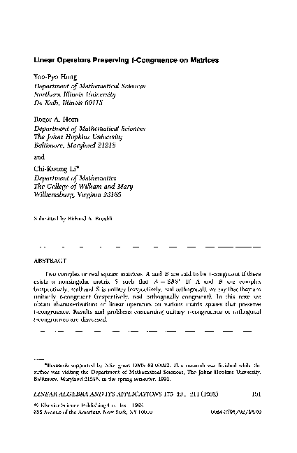 (PDF) Linear operators preserving t-congruence on matrices