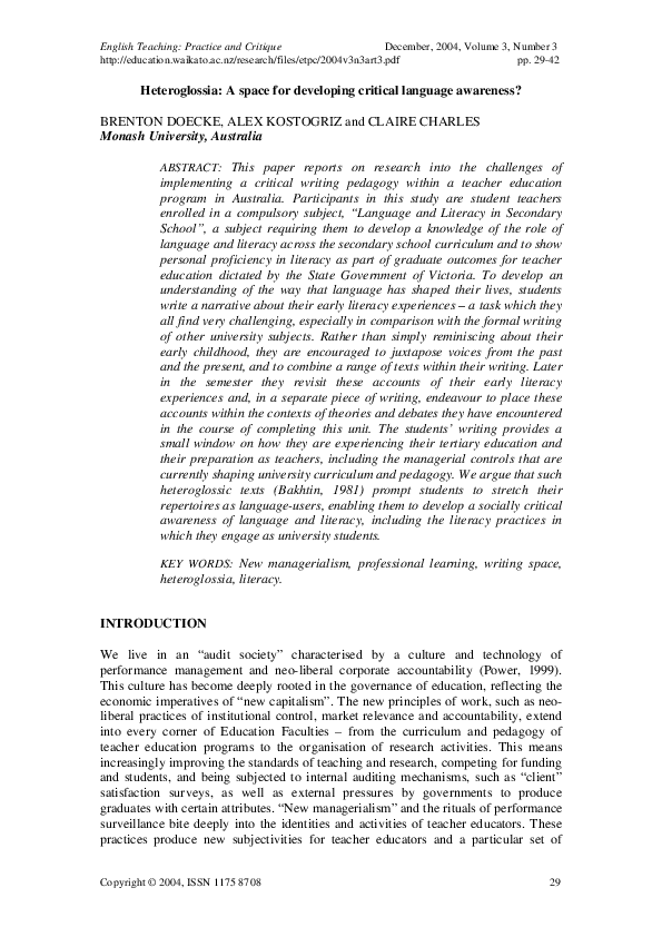 (PDF) Heteroglossia: A space for developing critical language awareness?