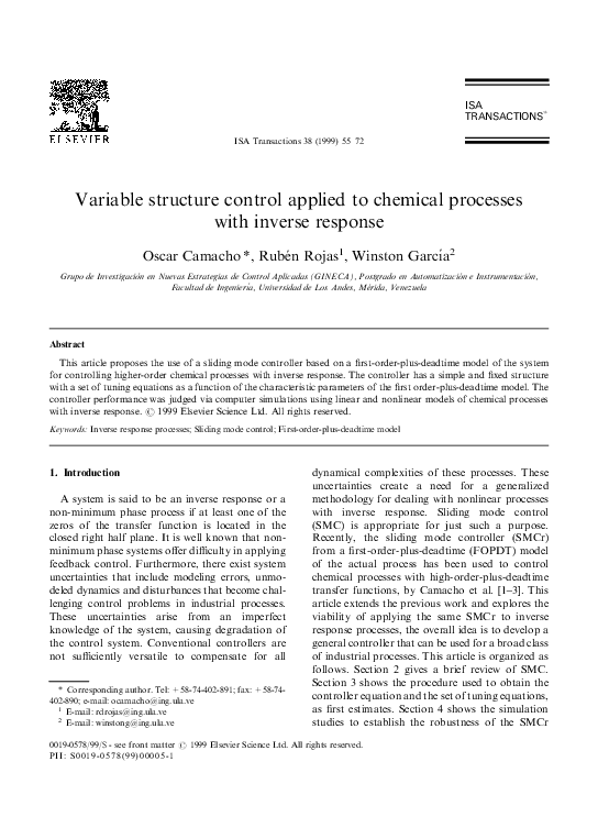 Pdf Variable Structure Control Applied To Chemical Processes With Inverse Response