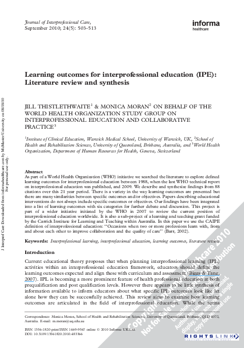 (PDF) Learning outcomes for interprofessional education (IPE): Literature review and synthesis