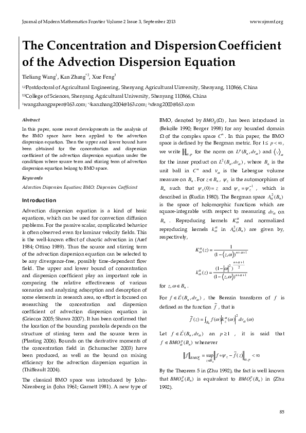 (PDF) The Concentration and Dispersion Coefficient of the Advection ...