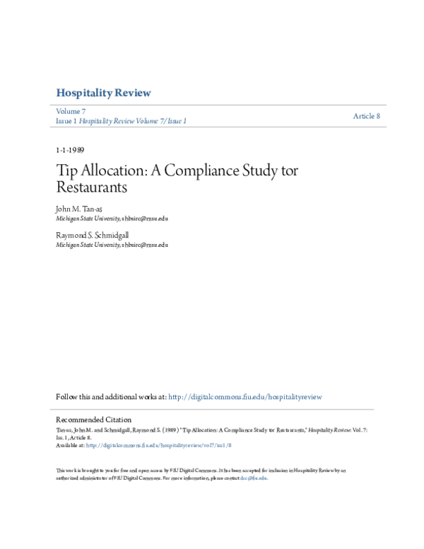 (PDF) Tip Allocation: A Compliance Study tor Restaurants