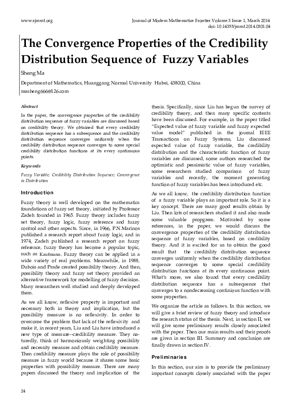(PDF) The Convergence Properties of the Credibility Distribution Sequence of Fuzzy Variables