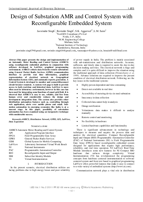 (PDF) Design of Substation AMR and Control System with Reconfigurable Embedded System