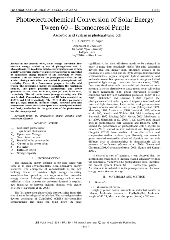 (PDF) Photoelectrochemical Conversion of Solar Energy: Tween 60 ...