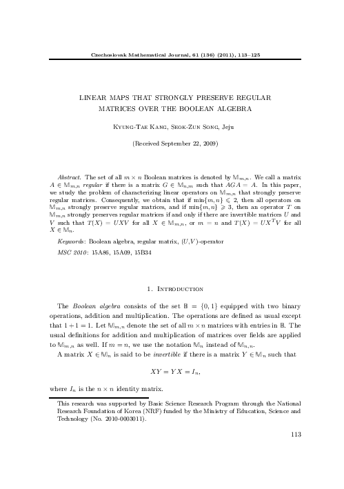 (PDF) Linear maps that strongly preserve regular matrices over the Boolean algebra