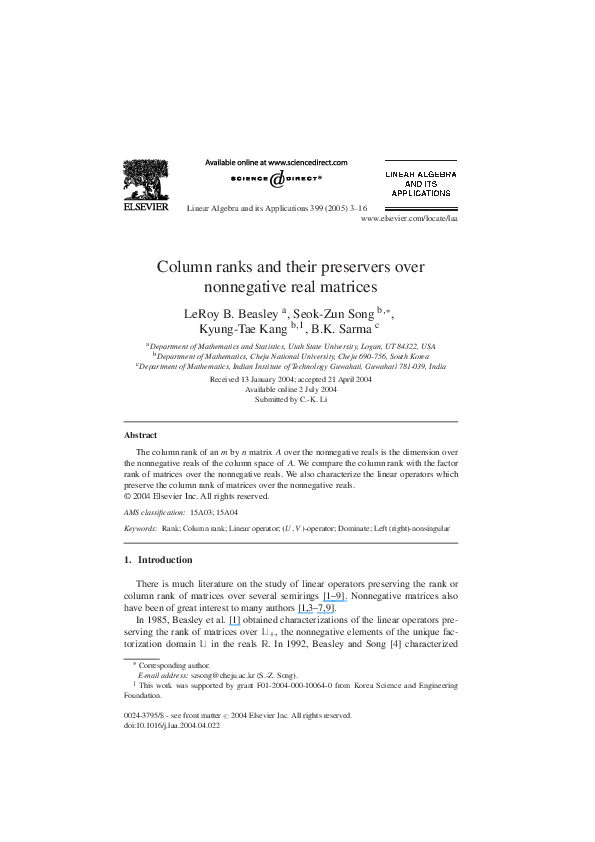 (PDF) Column ranks and their preservers over nonnegative real matrices