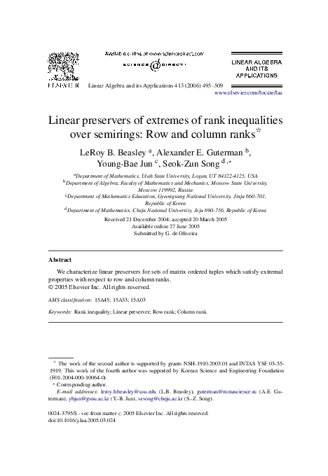 Pdf Linear Preservers Of Extremes Of Rank Inequalities Over Semirings Row And Column Ranks