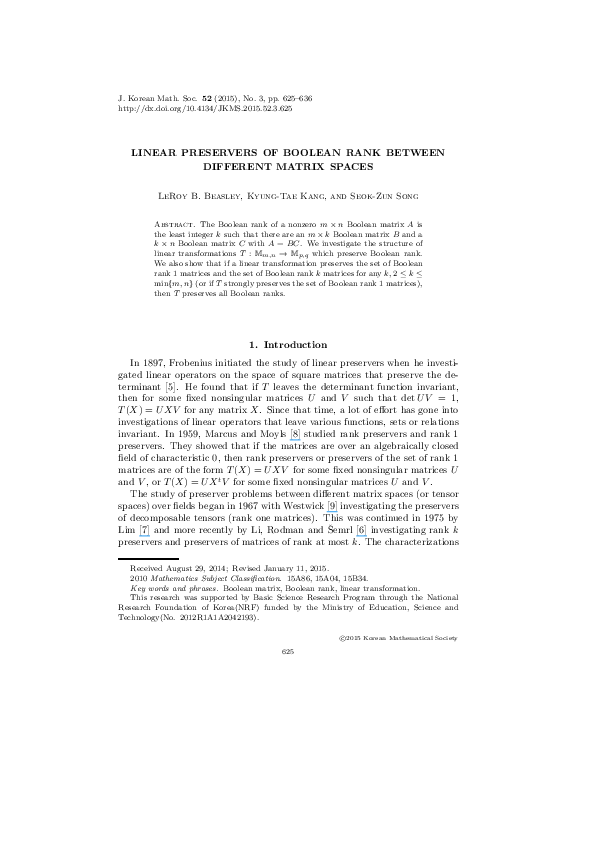 Pdf Linear Preservers Of Boolean Rank Between Different Matrix Spaces
