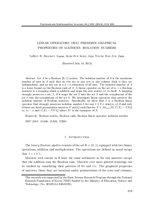 Pdf Linear Operators That Preserve Graphical Properties Of Matrices Isolation Numbers