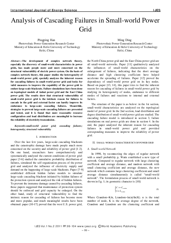 (PDF) Analysis of Cascading Failures in Small-world Power Grid