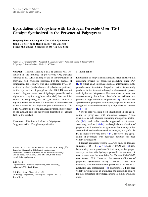 (PDF) Epoxidation of Propylene with Hydrogen Peroxide Over TS1 Catalyst ...