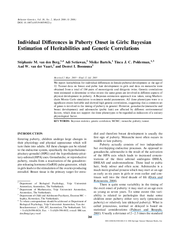 Pdf Individual Differences In Puberty Onset In Girls Bayesian Estimation Of Heritabilities 
