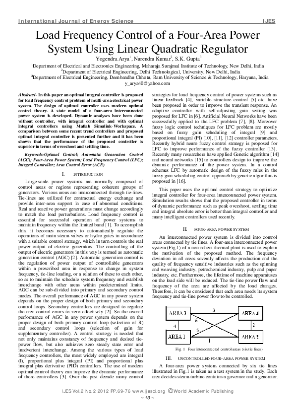 (PDF) Load Frequency Control of a Four-Area Power System using Linear Quadratic Regulator