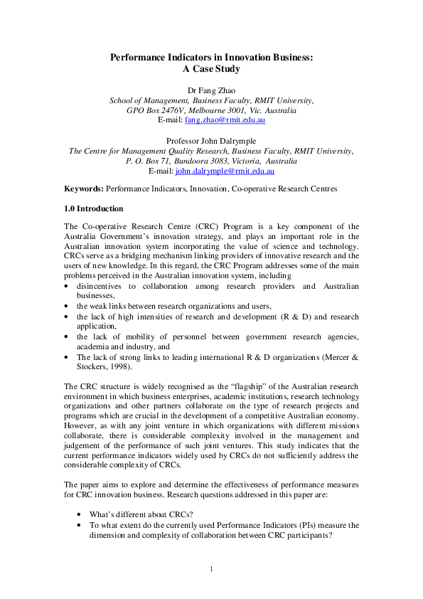 (PDF) Performance Indicators in Innovation Business: A Case Study