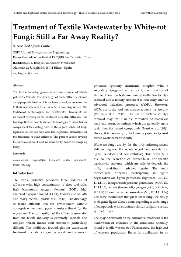 (PDF) Treatment of Textile Wastewater by White-rot Fungi: Still a Far ...
