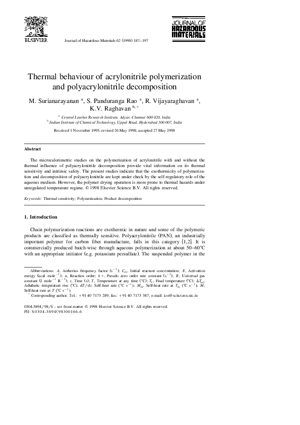 (PDF) Thermal behaviour of acrylonitrile polymerization and ...