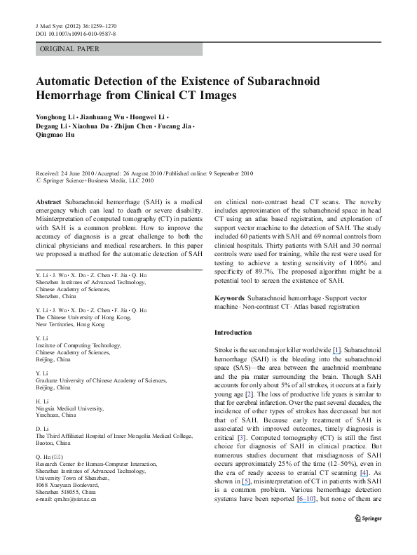 Pdf Automatic Detection Of The Existence Of Subarachnoid Hemorrhage From Clinical Ct Images