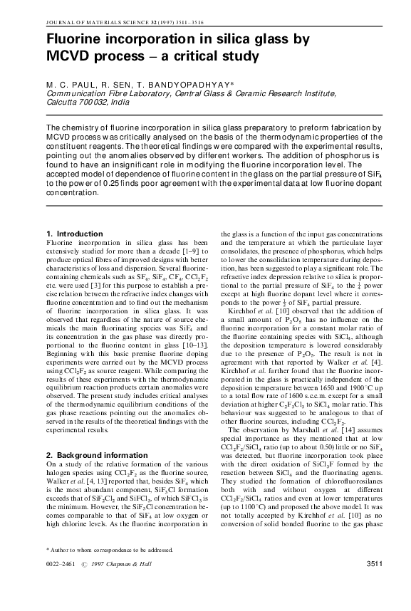 (PDF) Fluorine incorporation in silica glass by the MCVD process: Study ...