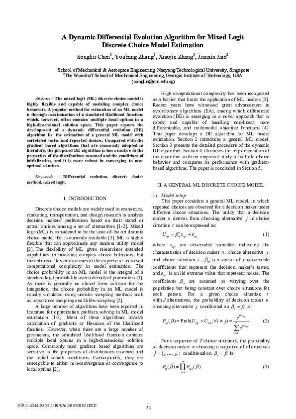 (PDF) A dynamic differential evolution algorithm for mixed logit discrete choice model estimation
