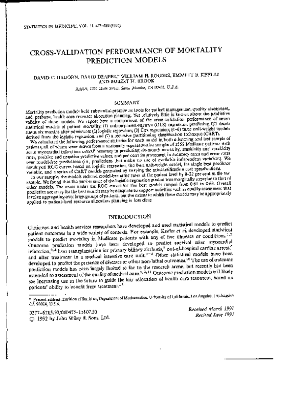 (PDF) Cross-validation performance of mortality prediction models