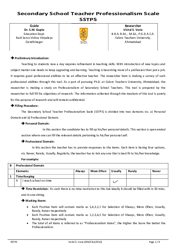 (PDF) Secondary School Teacher Professionalism Scale SSTPS - (English ...