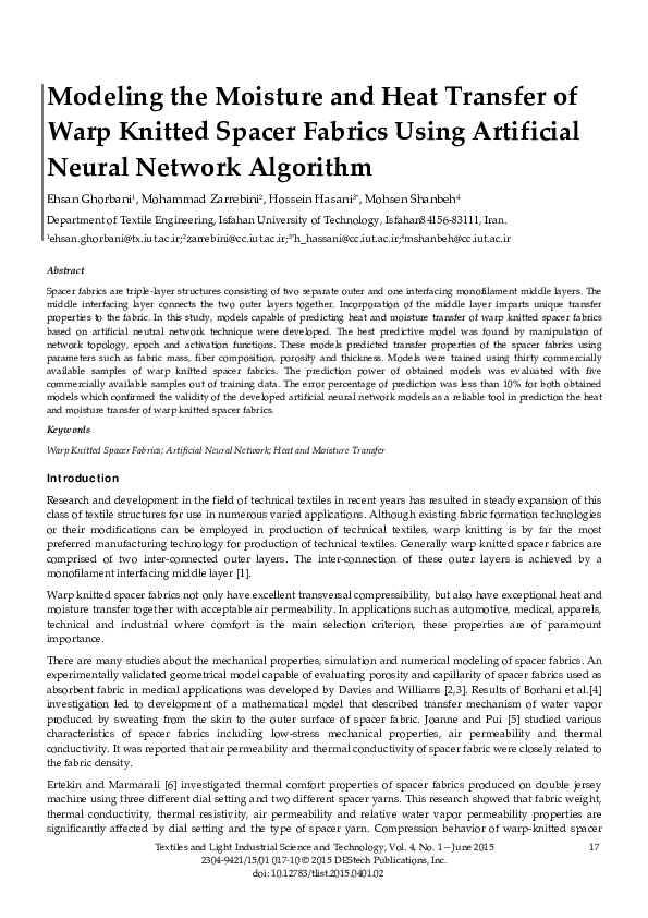 (PDF) Modeling the Moisture and Heat Transfer of Warp Knitted Spacer Fabrics Using Artificial ...