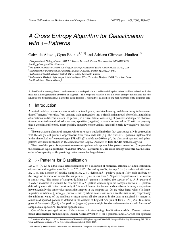 Pdf A Cross Entropy Algorithm For Classification With Patterns