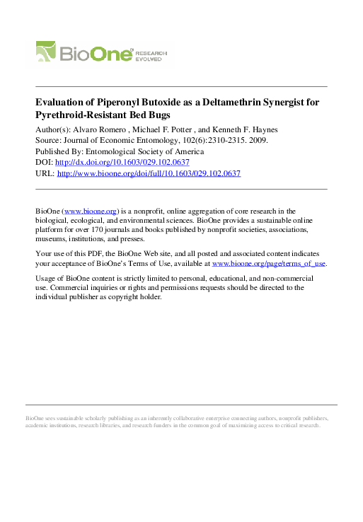 (PDF) Evaluation of Piperonyl Butoxide as a Deltamethrin Synergist for Pyrethroid-Resistant Bed Bugs