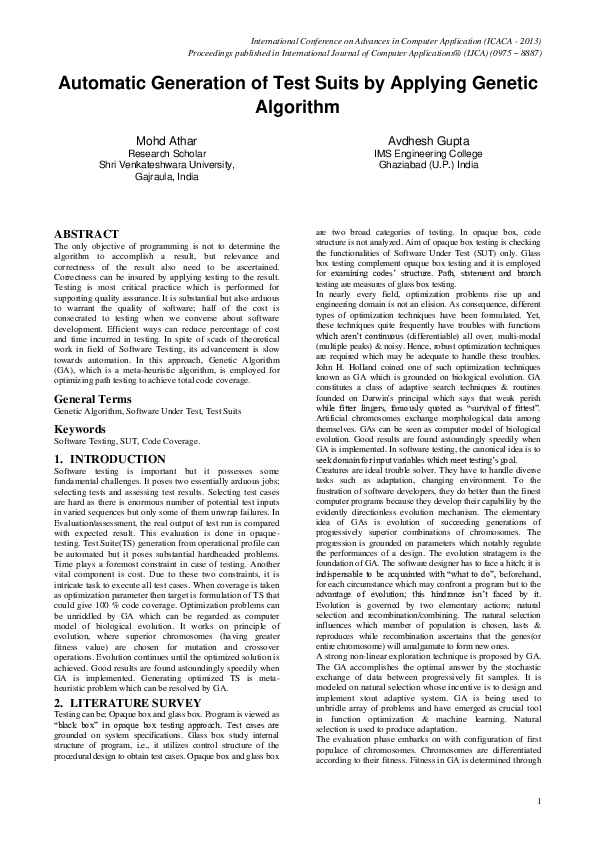 Pdf Automatic Generation Of Test Suits By Applying Genetic Algorithm