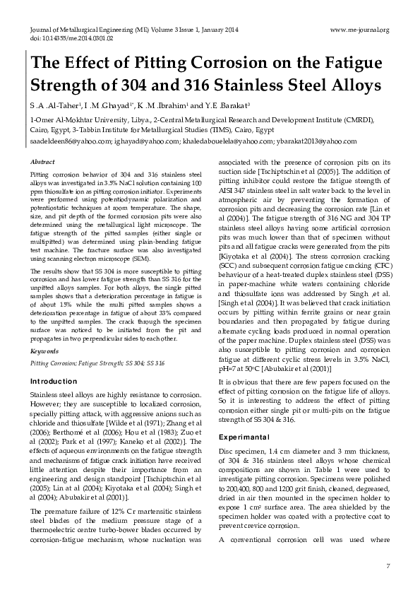 (PDF) The Effect of Pitting Corrosion on the Fatigue Strength of 304 ...