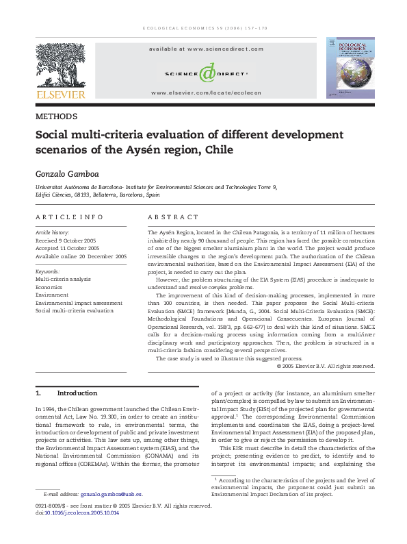 Pdf Social Multi Criteria Evaluation Of Different Development Scenarios Of The Aysén Region Chile