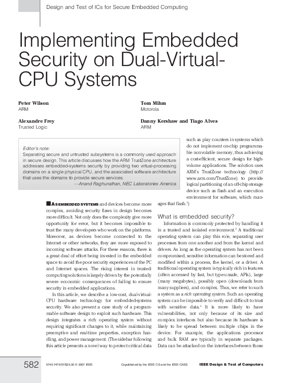 (PDF) Implementing Embedded Security on Dual-Virtual-CPU Systems