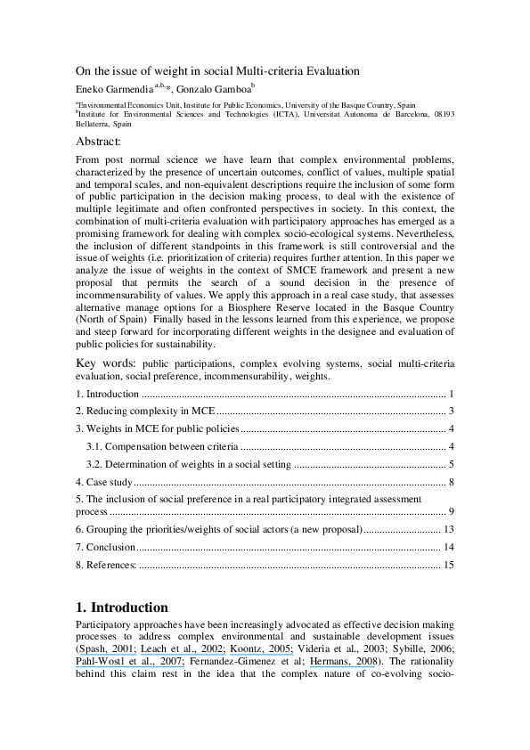 Pdf On The Issue Of Weight In Social Multi Criteria Evaluation